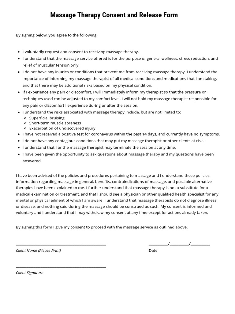 Massage Therapy Consent Form | PDF | Massage | Informed Consent