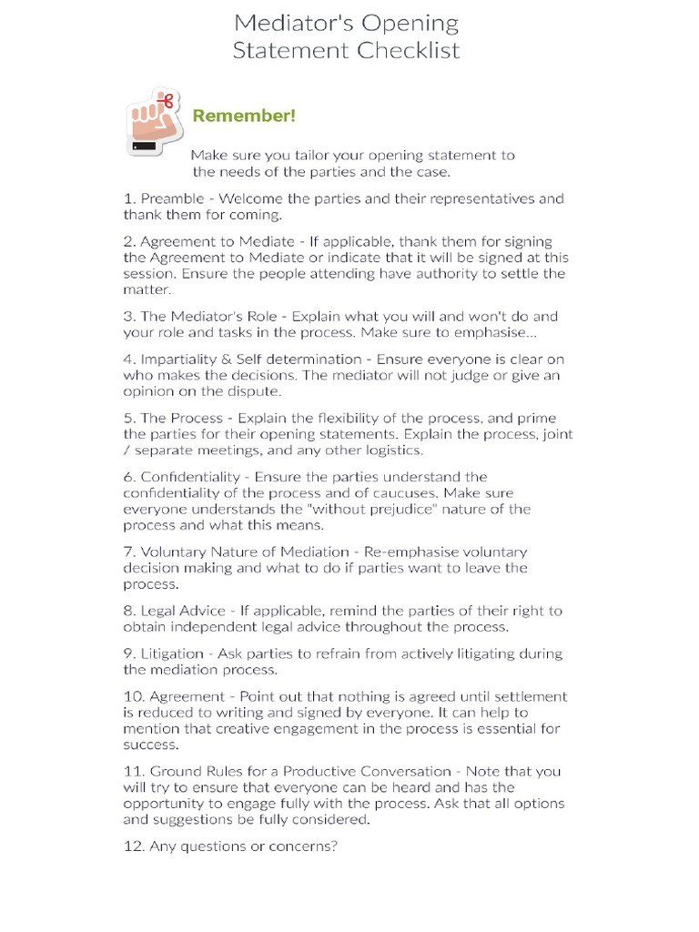 Mediators Opening Statement Checklist | PDF