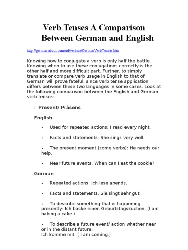 Verb Tenses - A Comparison Between German and English | PDF ...