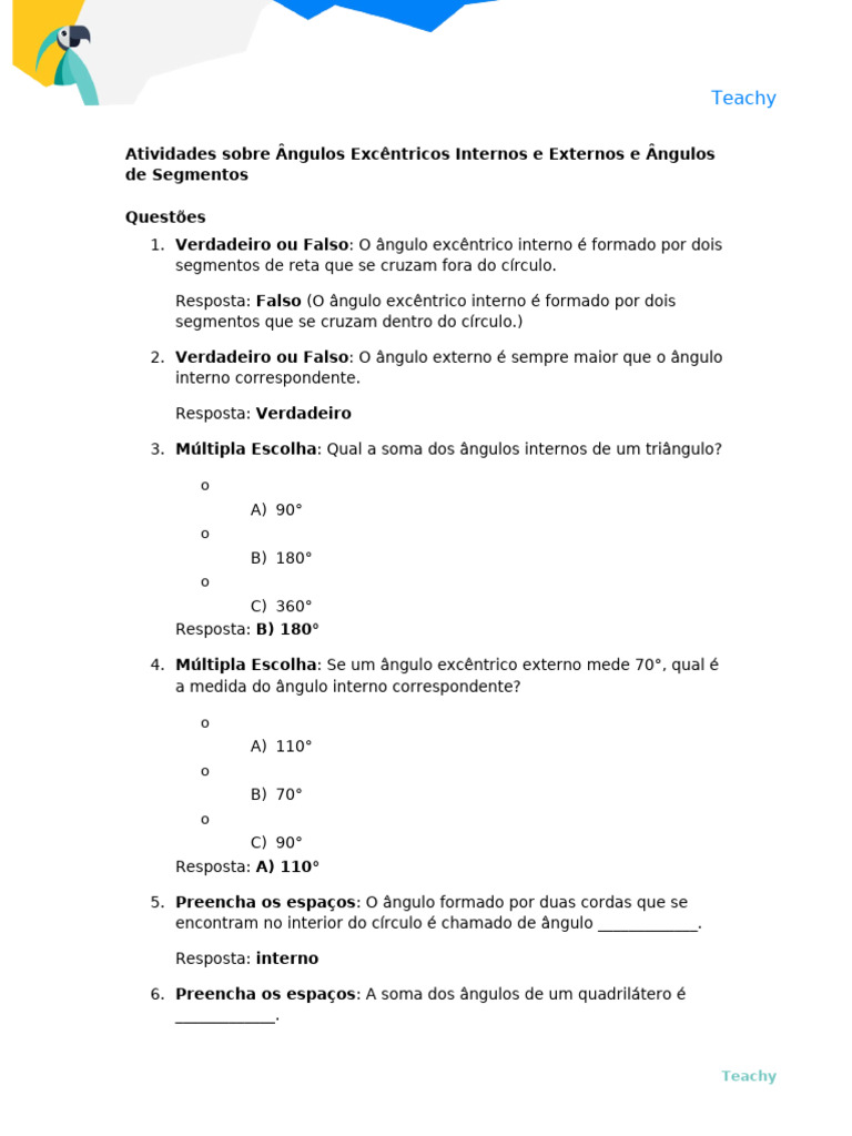 Exercícios sobre Ângulos Excêntricos | PDF | Ângulo | Círculo