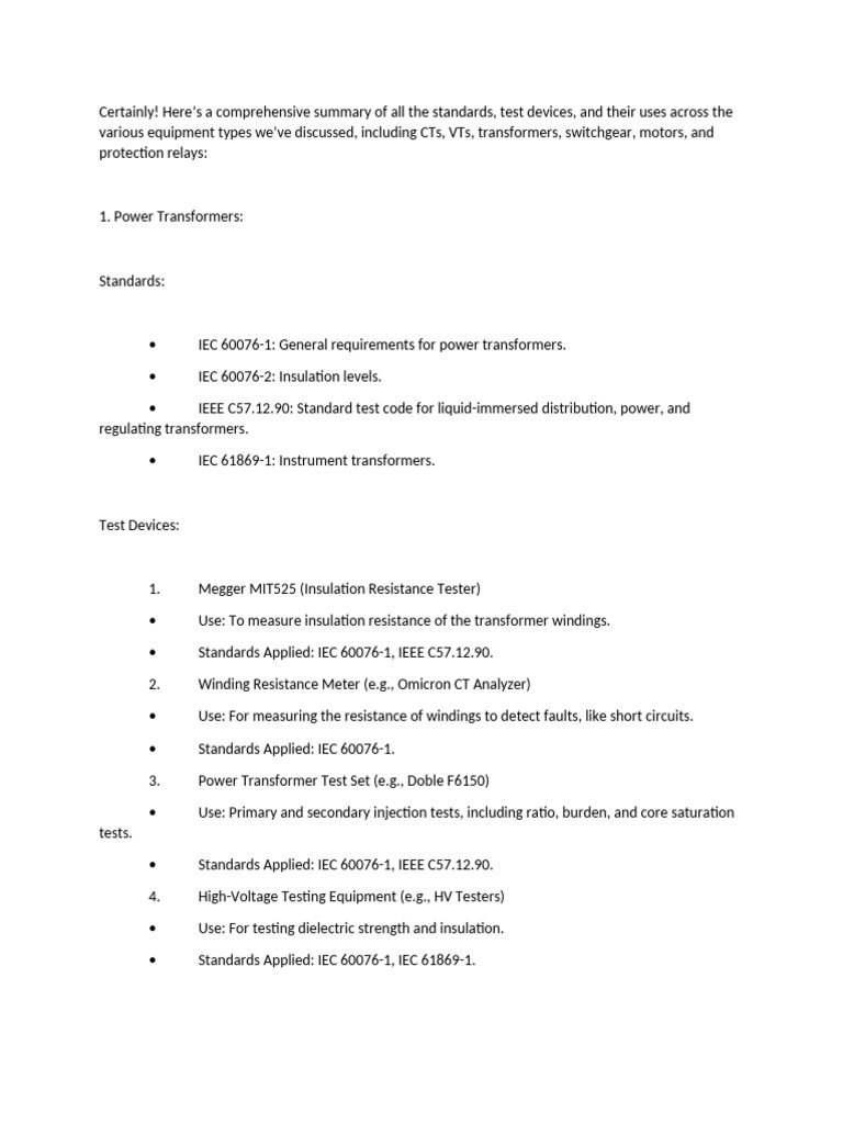Electrical Equipment Testing Standards & Devices | PDF | Transformer ...
