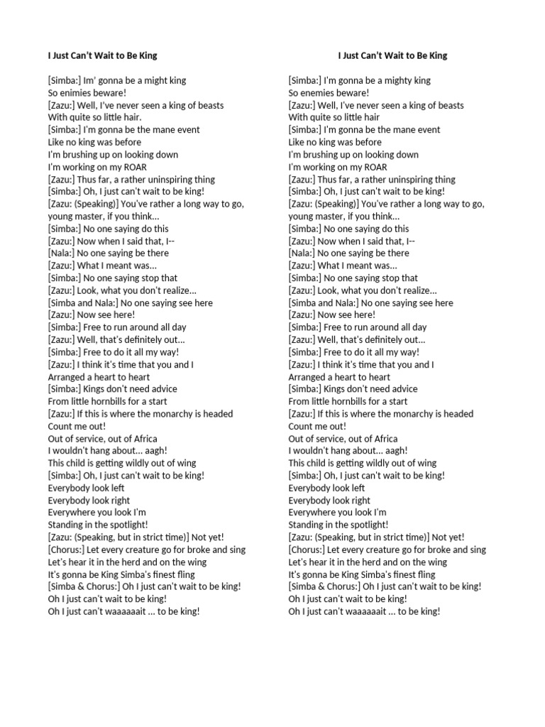 Sofia Luu - Lesson-2.Cant-Wait-to-Be-King-Lyrics | PDF