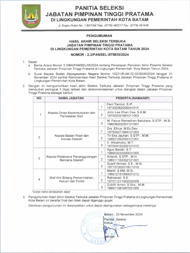 Pengumuman Hasil Akhir Seleksi JPT 2024 2 | PDF