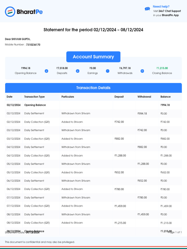 Account Summary: Statement For The Period 02/12/2024 - 08/12/2024 | PDF ...