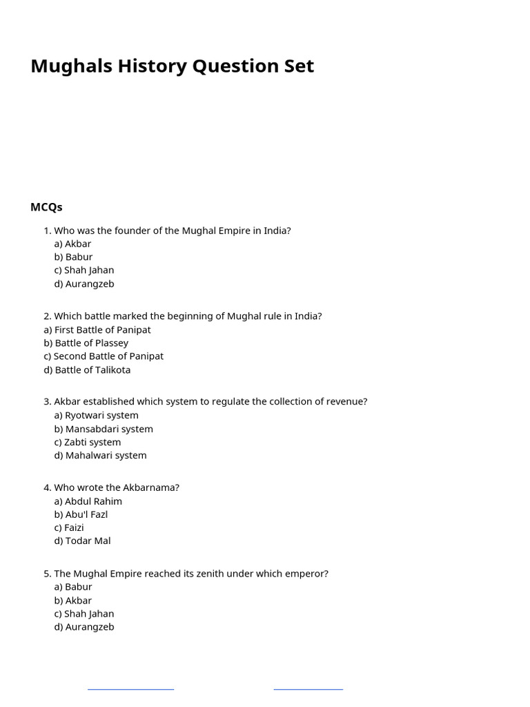Mughals History Question Set PDF | PDF | Mughal Empire