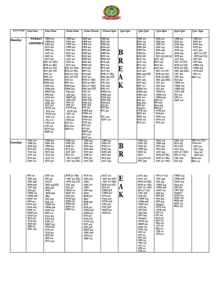 Wesley University2425firstsemestertimetable | PDF | Science | Laboratories