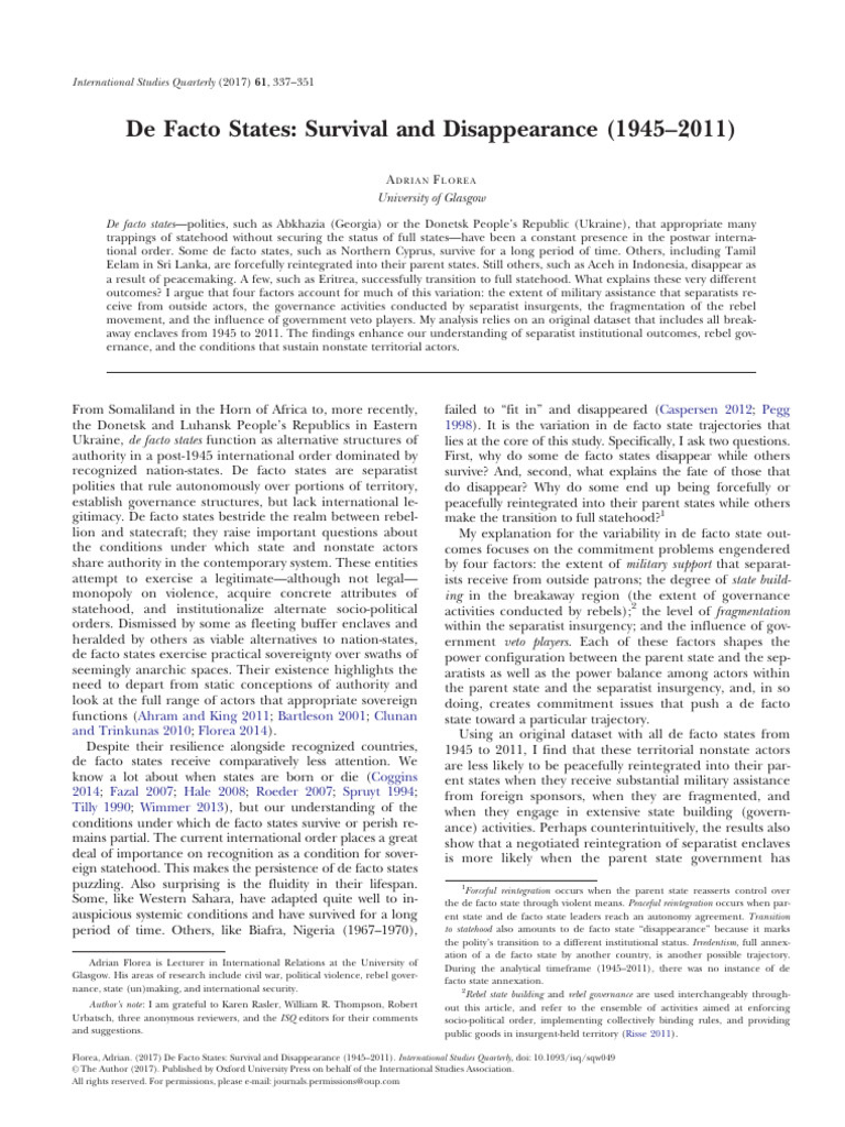 De Facto States: Survival Factors (1945-2011) | PDF | Insurgency ...