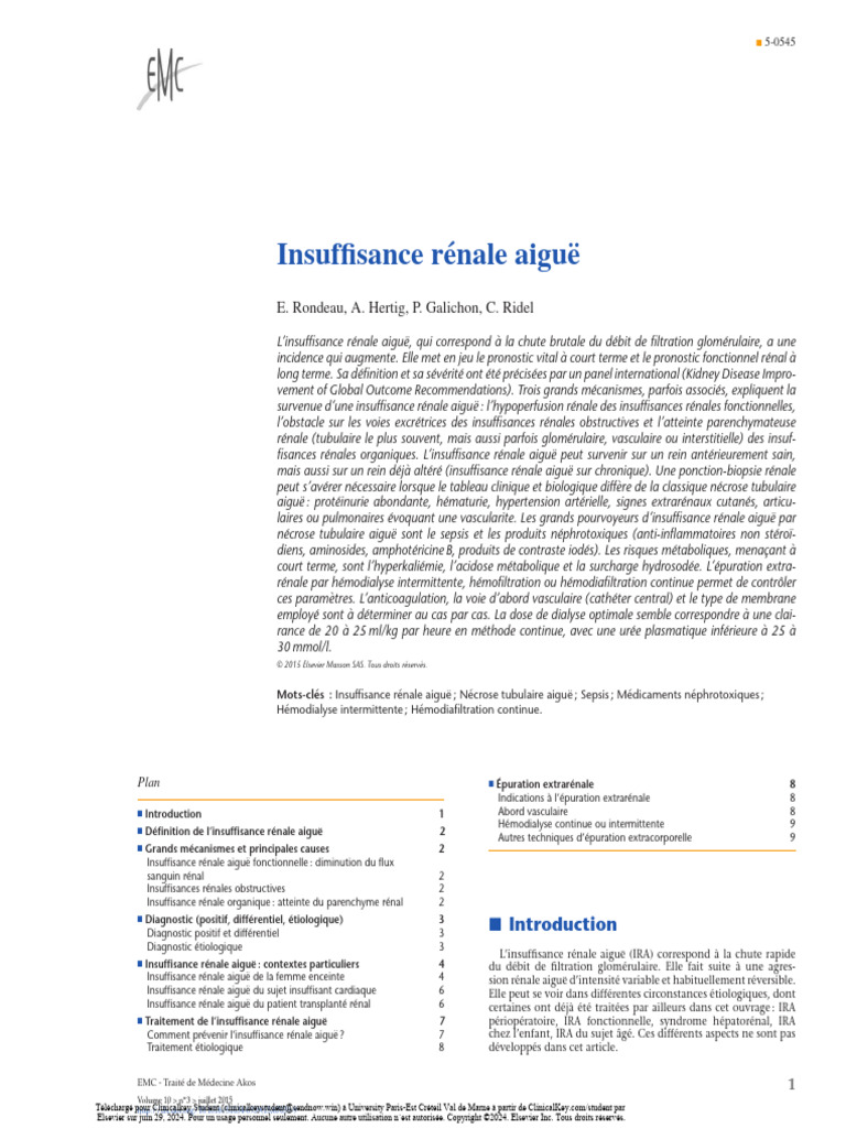 Insuffisance Rénale Aiguë | PDF | Insuffisance rénale chronique | Rein