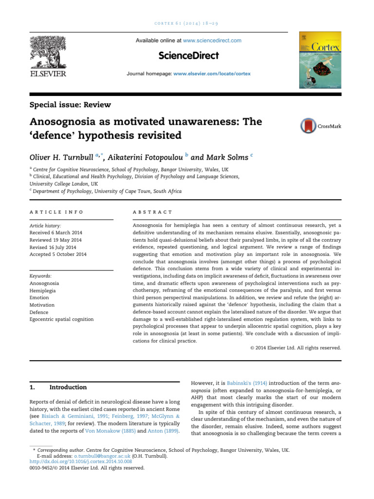 Turnbull Et Al. (2014) Anosognosia As Motivated Unawareness. Cortex 61 ...