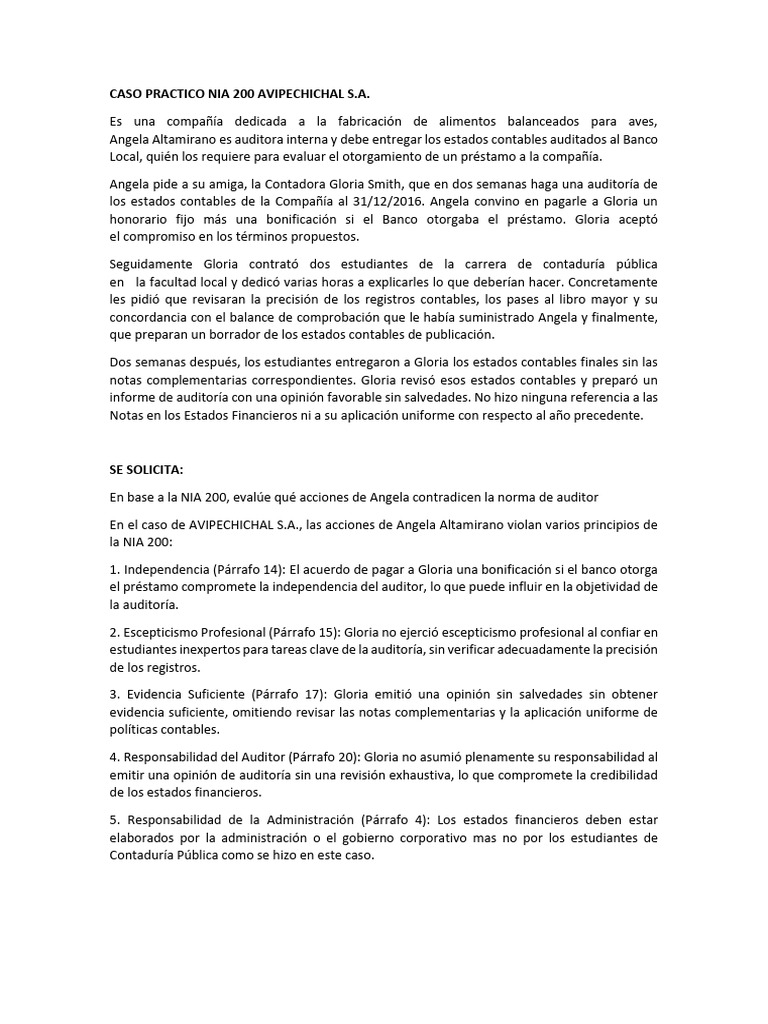 CASO PRACTICO NIA 200 AVIPECHICHAL - Lizeth Mirian Pacari Pilco | PDF | Auditoría | Estado ...