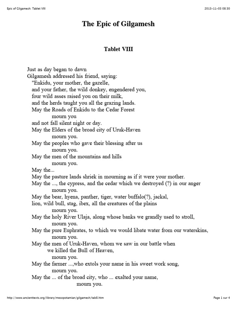 Epic of Gilgamesh - Tablet VIII | PDF | Epic Of Gilgamesh