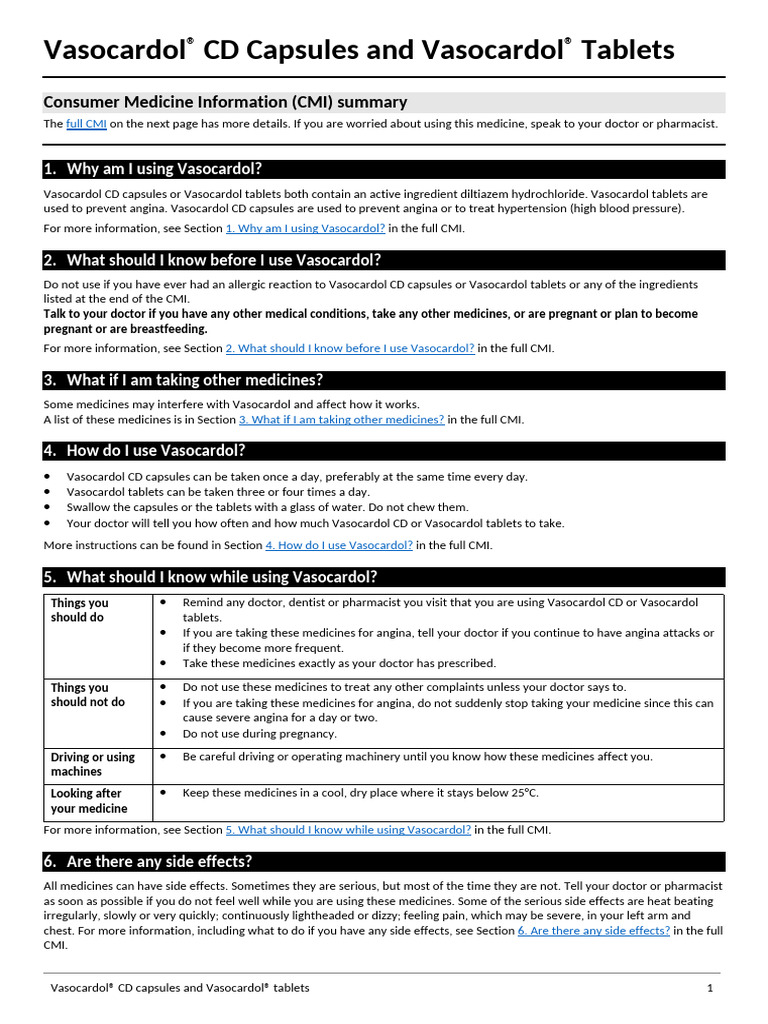 Vasocardol CD Capsules and Vasocardol Tablets: Consumer Medicine Information (CMI) Summary | PDF ...