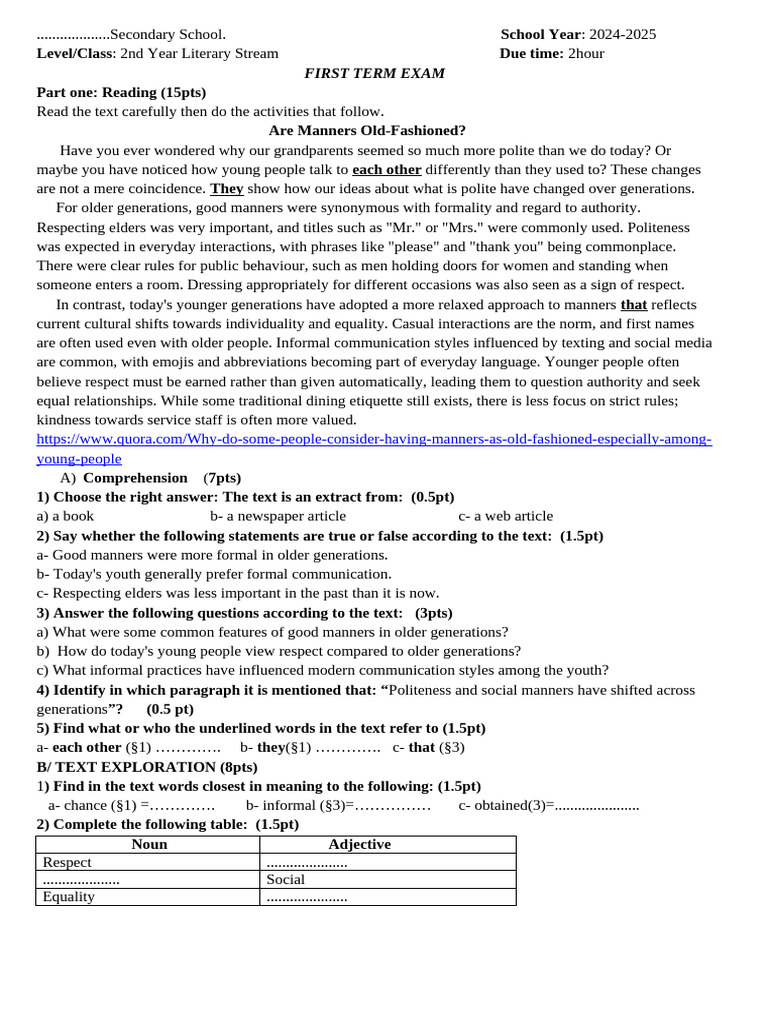 Signs of Time Exam | PDF | Etiquette | Adjective