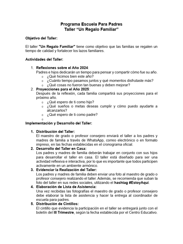 MANUAL PARA DESARROLLO DE TALLER UN REGALO FAMILIAR | PDF