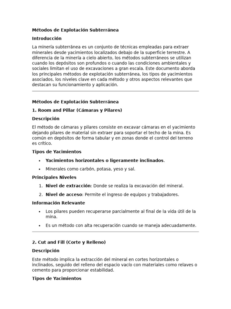 Metodos de Explotacion Subterraneo | PDF | Minería | Materiales