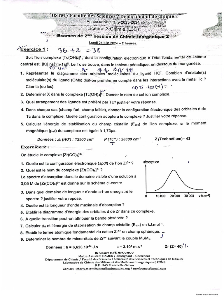 Examen 2nde Sess de Chimie Inorga L3C 2023-24 | PDF