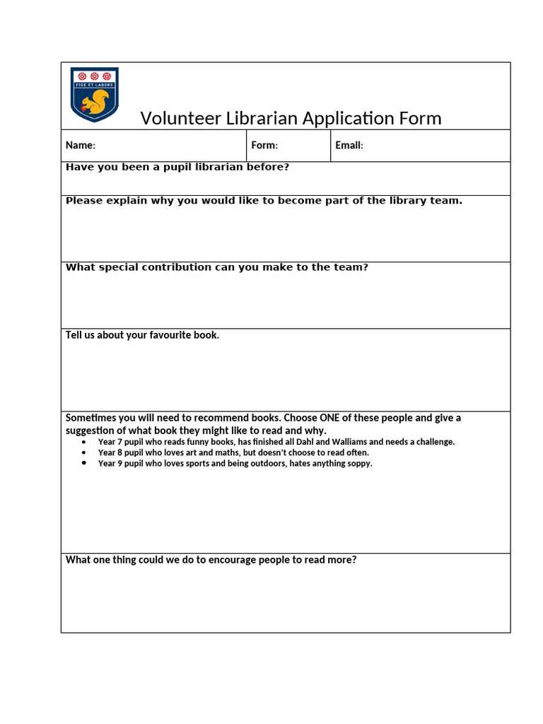 Volunteer Librarian Application Form | PDF