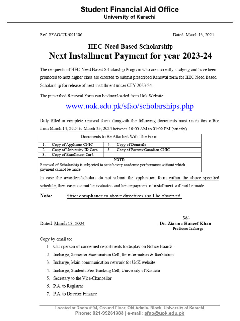 HEC-Needs Based Scholarship Next Installment CFY 2023-24 | PDF
