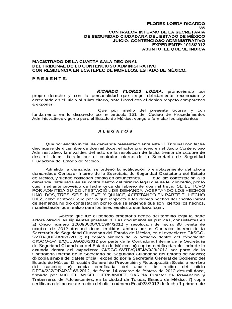 Escrito de Alegatos Exp 1018-2012 Contencioso Administrativo | PDF | México | Demanda judicial