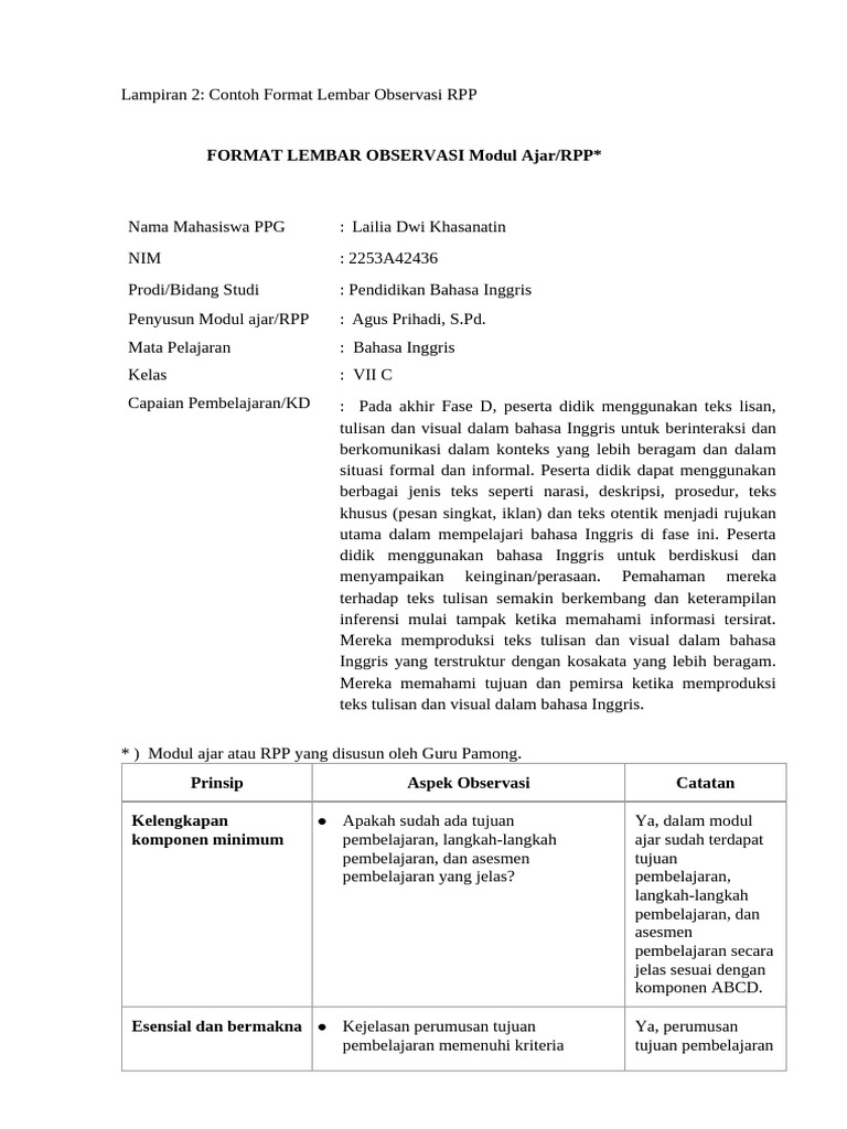 Lampiran 2 - Lembar Observasi RPP - Lailia DK | PDF