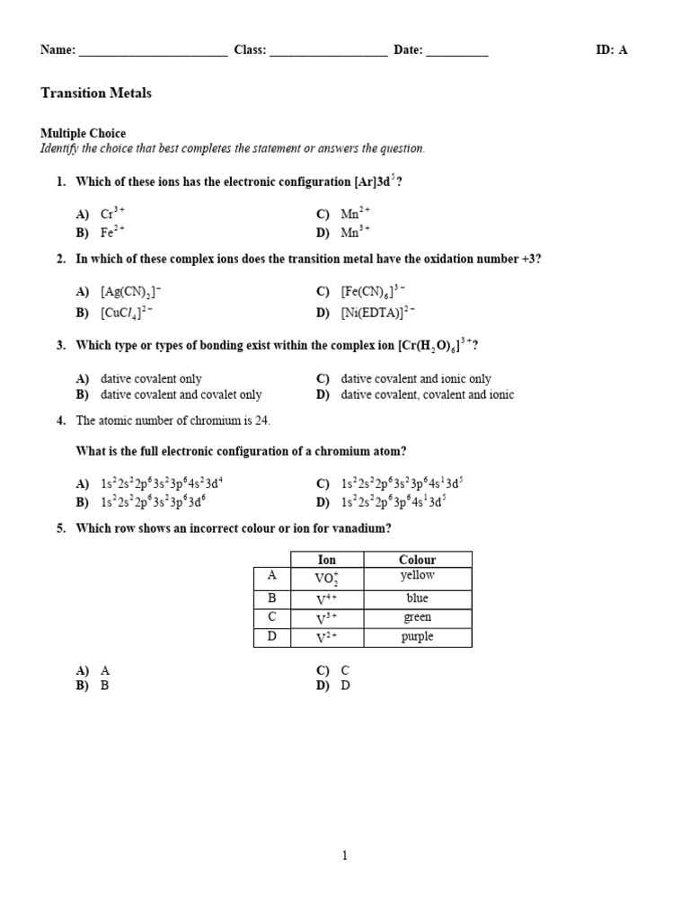 Transition Metals Exercise | PDF | Transition Metals | Coordination Complex