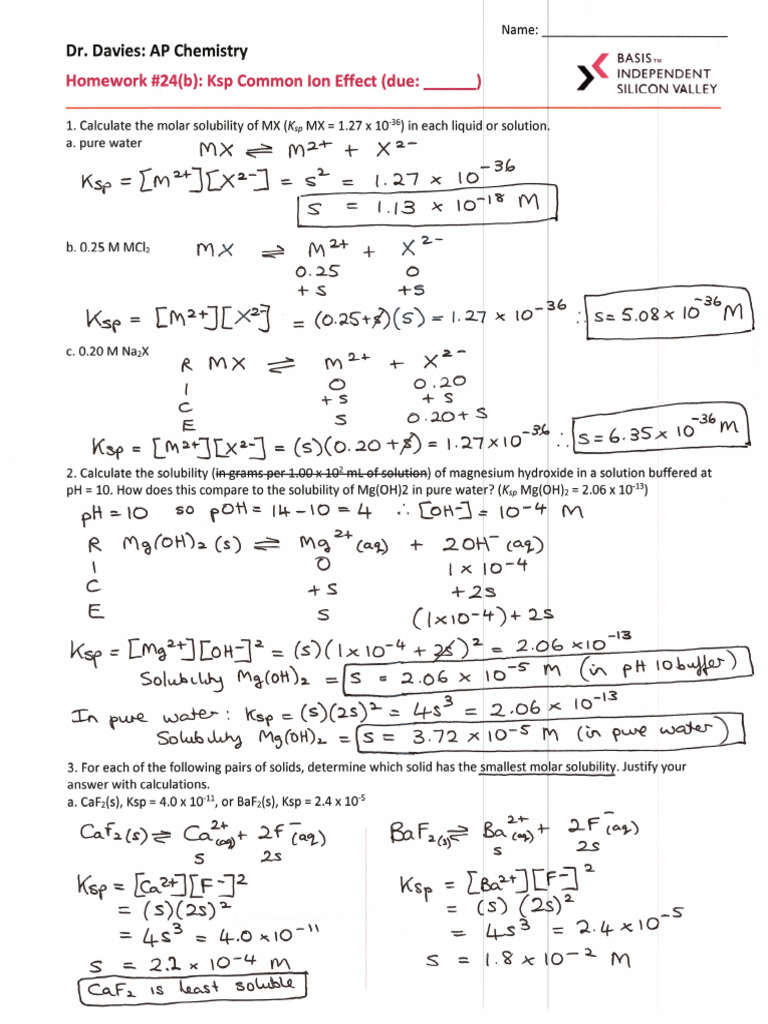 HWK 24b KSP Common Ion Effect KEY | PDF | Chemical Substances