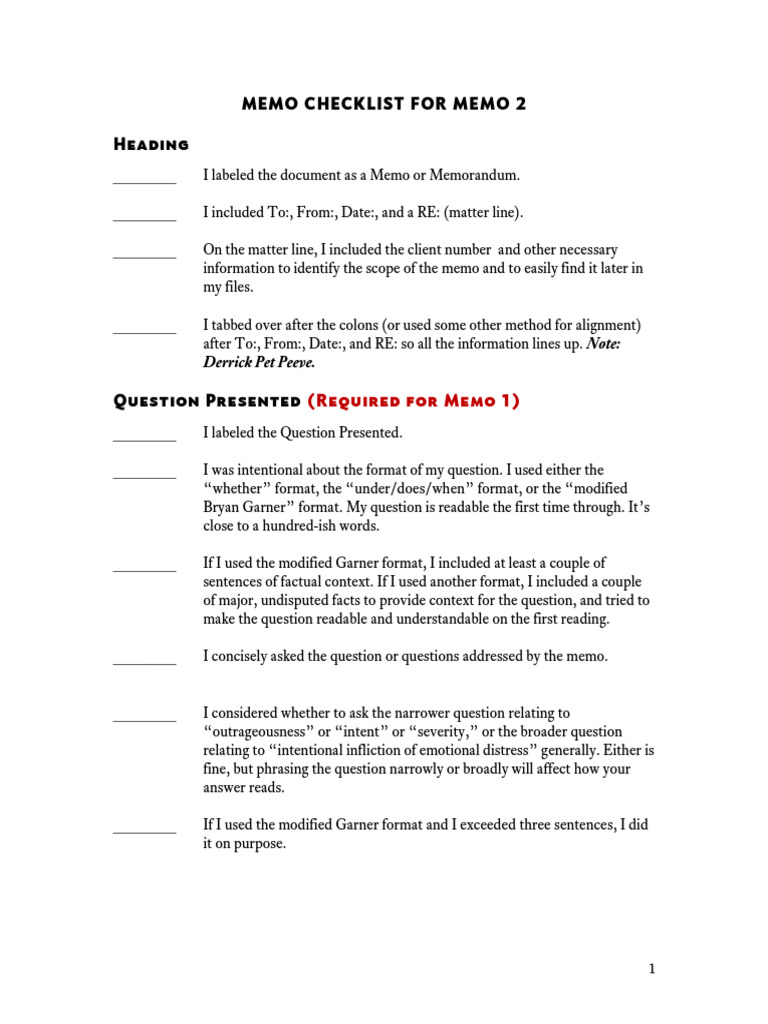 Memo Checklist Fall 2024 | PDF | Memorandum | Argument