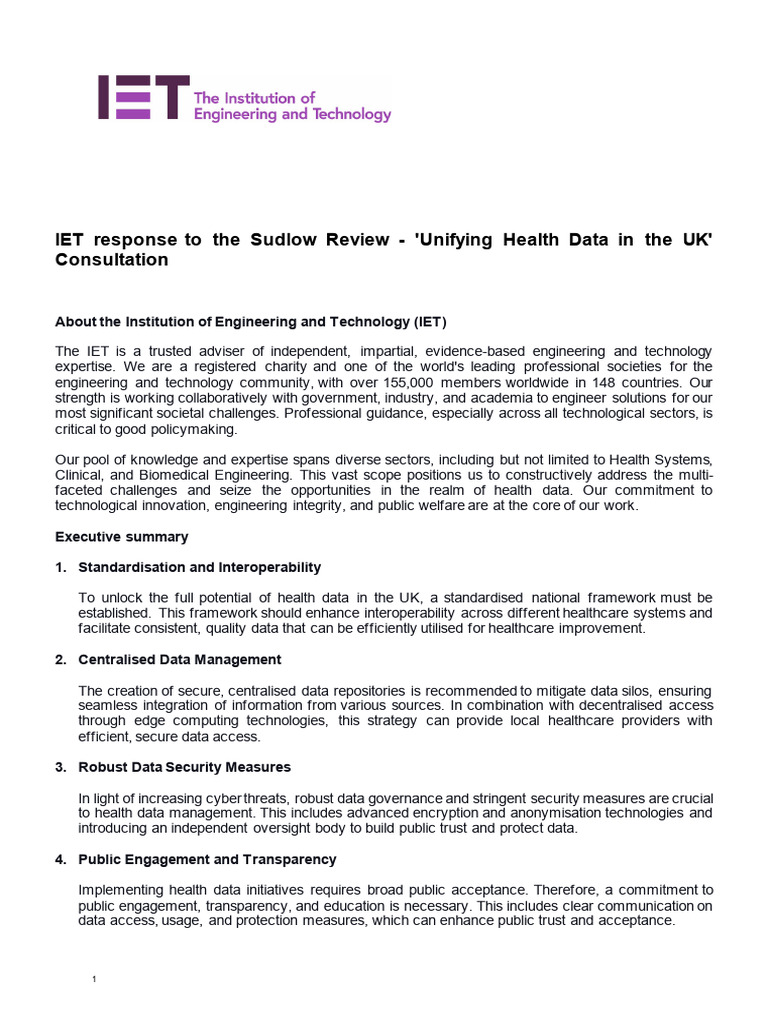 IET Response To The Sudlow Review - 'Unifying Health Data in The UK ...