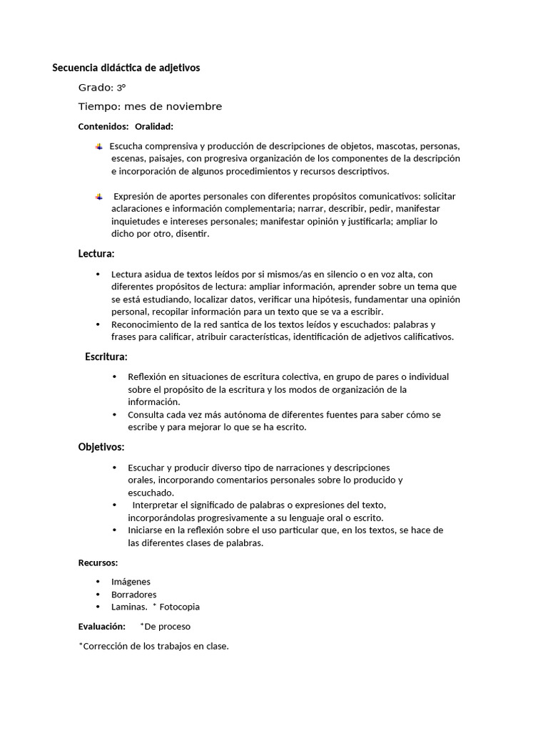 Secuencia Didáctica: Adjetivos 3° Grado | PDF | Adjetivo | Escritura