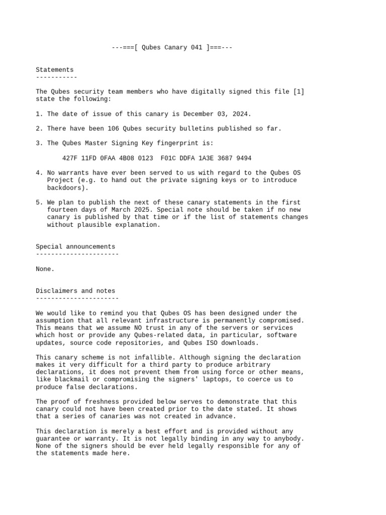 Qubes Canary 041 2024 | PDF