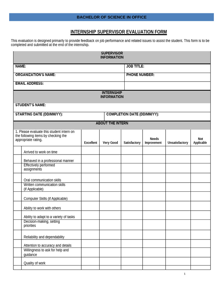 BSOA Internship Supervisor Evaluation Form2 | PDF | Cognition | Psychology