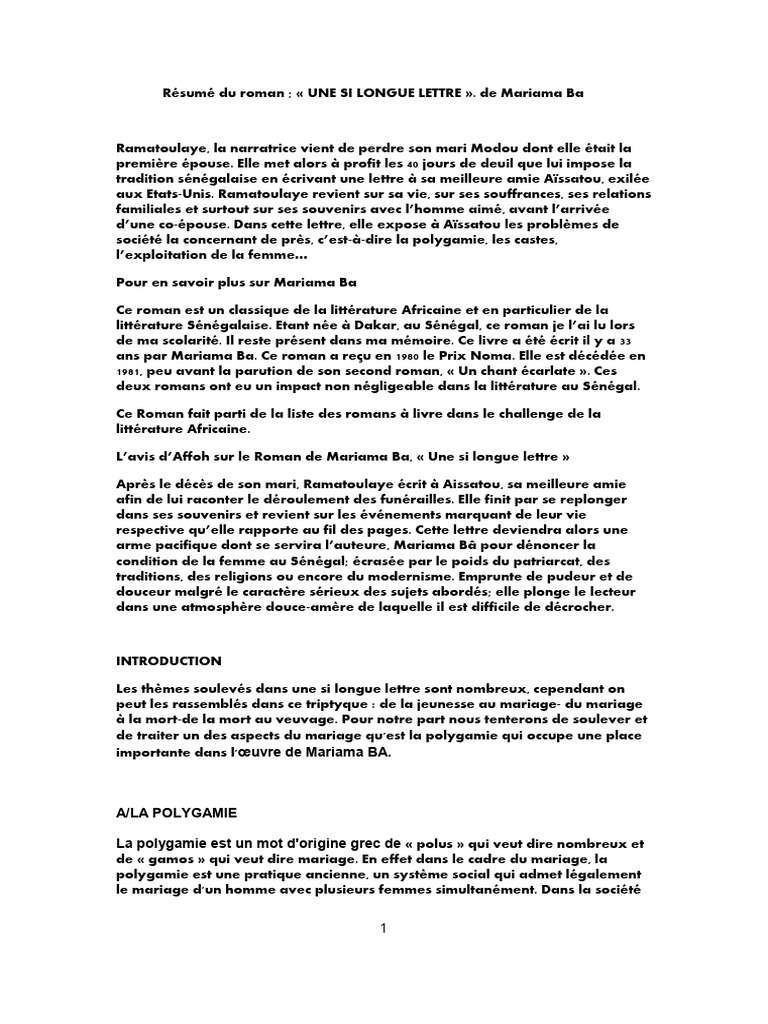 La condition des femmes dans "Une si longue lettre" | PDF | Mariage