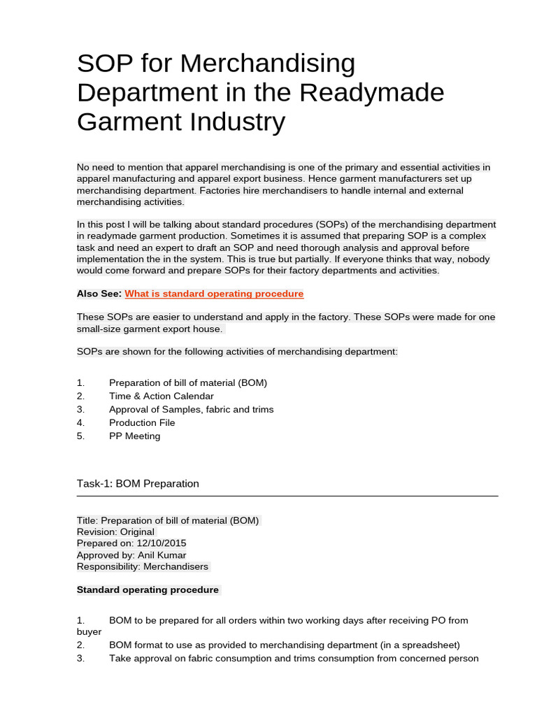 SOP For Merchandising Department in The | PDF | Spreadsheet | Microsoft ...
