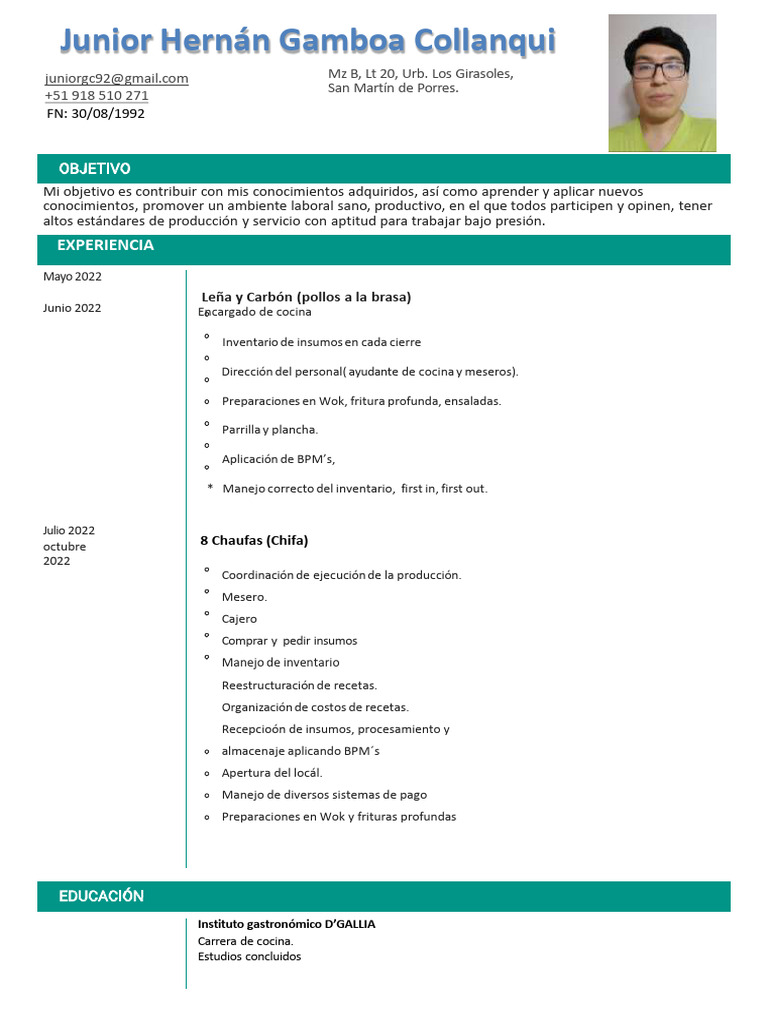 Junior Hernán Gamboa Collanqui: Experiencia | PDF