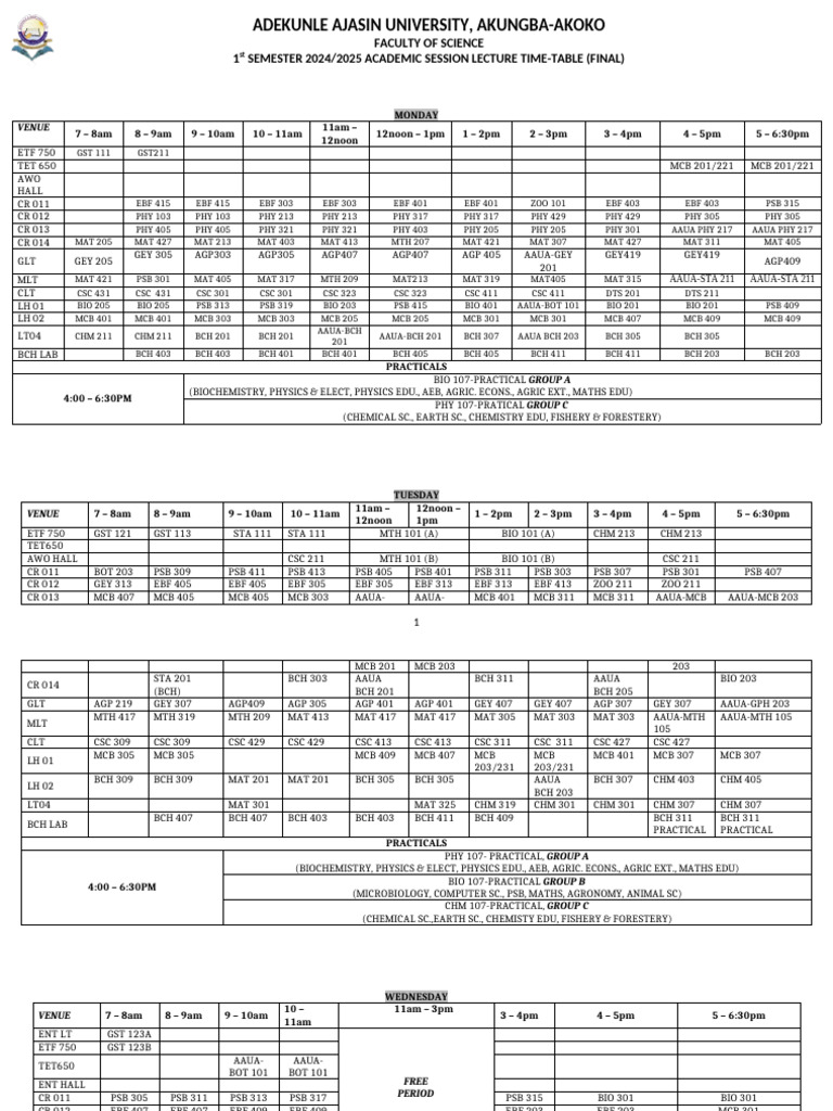 v2 Lecture Timetable 2024 2025 1st Sem | PDF | Physical Sciences