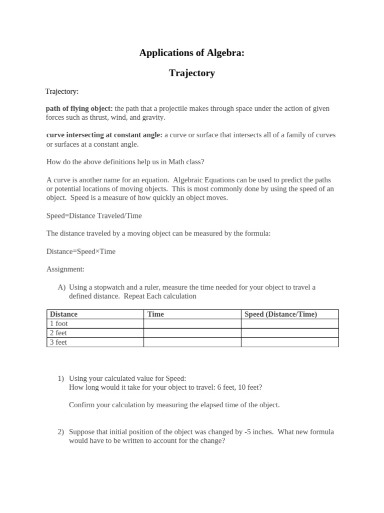 Applications of Algebra - Trajectory | PDF