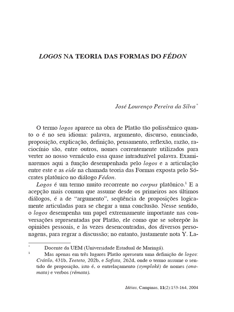 LOGOS NA TEORIA DAS FORMAS DO FÉDON | PDF | Sócrates | Platão