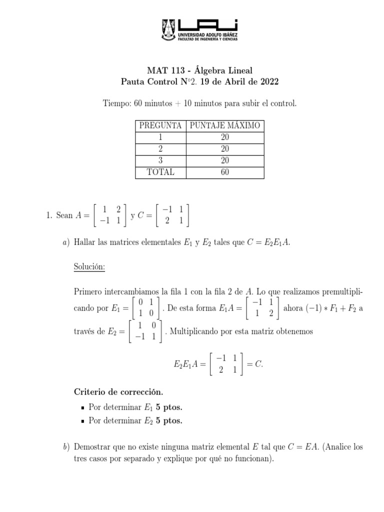 Pauta Control 2 | PDF | Matriz (Matemáticas) | Matemáticas Aplicadas