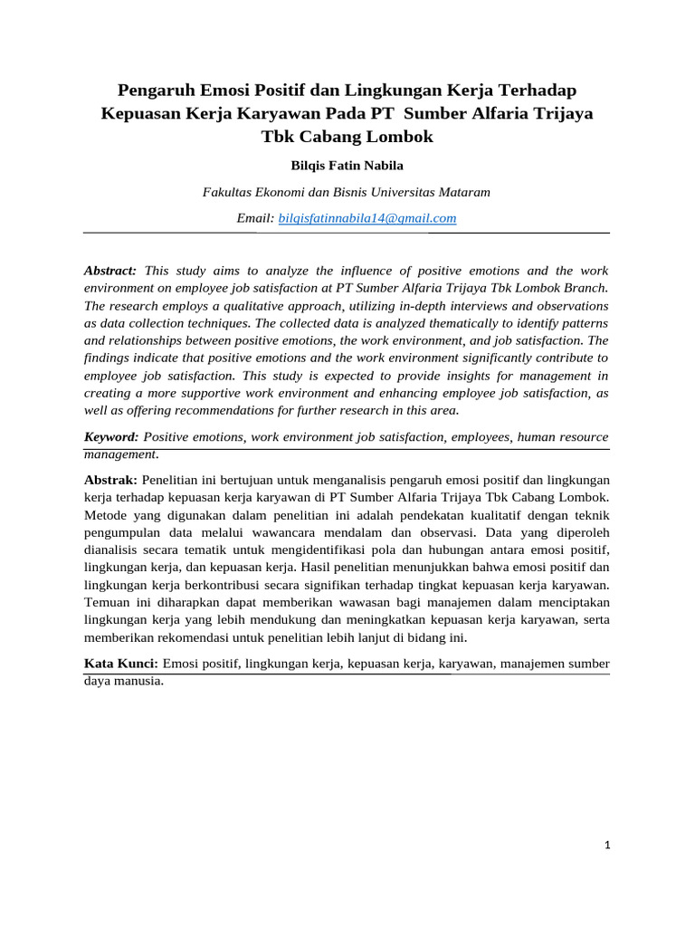 Pengaruh Emosi Positif dan Lingkungan Kerja Terhadap Kepuasan Kerja ...