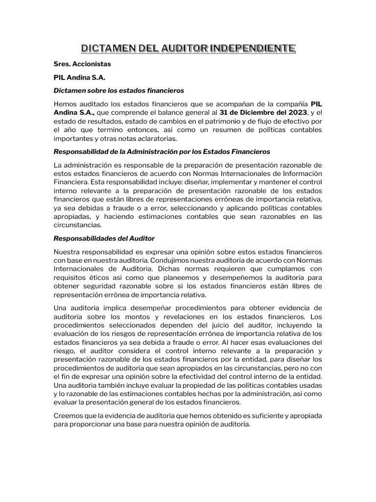 DICTAMEN CON OPINON LIMPIA - Lizeth Mirian Pacari Pilco | PDF | Auditoría | Contralor