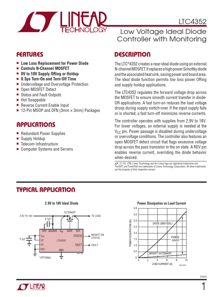 LTC4352 - Low Voltage Ideal Diode Controller | PDF | Mosfet | Diode