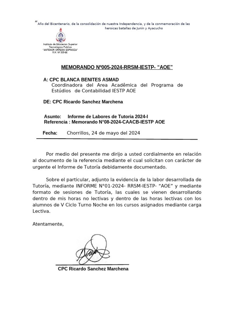 Memorando Nº005-2023-Rrsm-Iestp-Aoe y Informe 001-2024 Tutoria | PDF | Modificación de ...