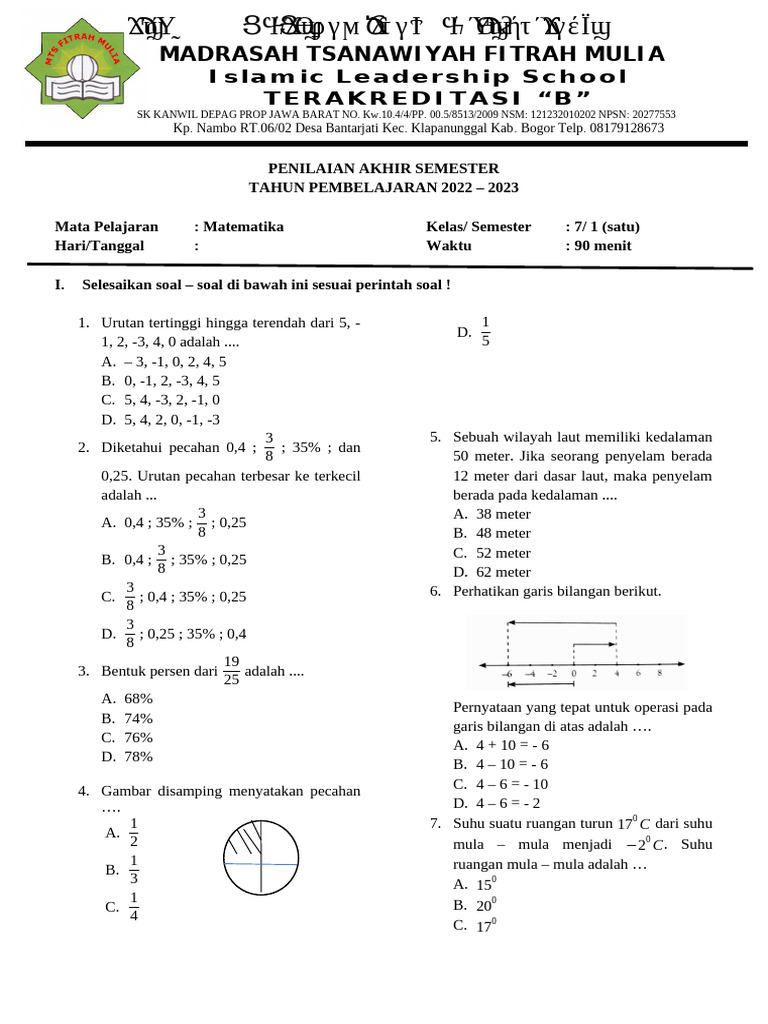 Soal Pas Kelas 7 MTK 2022 Mts | PDF