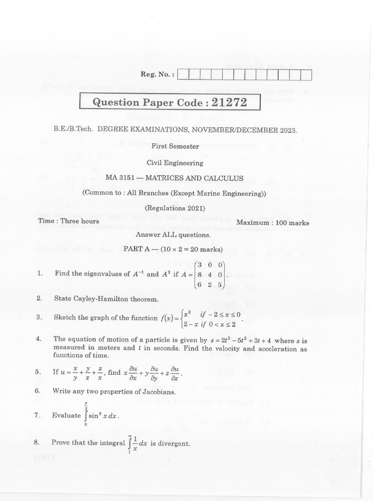 Matrices and Calculus - MA3151 2021 Regulation - Question Paper 2023 Nov Dec | PDF