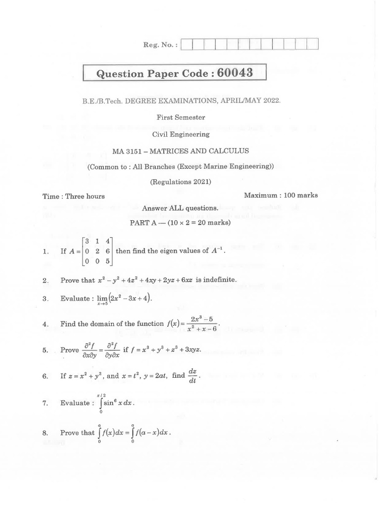 Matrices and Calculus - MA3151 2021 Regulation - Question Paper 2022 ...
