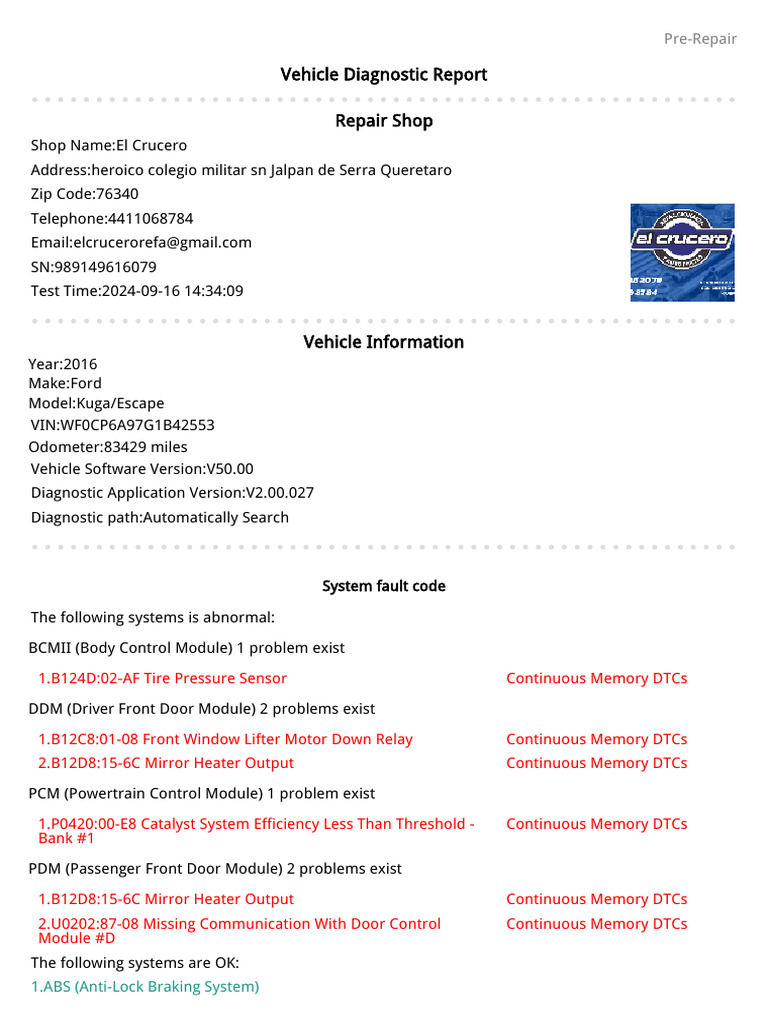 2016 Ford Kuga Diagnostic Report | PDF