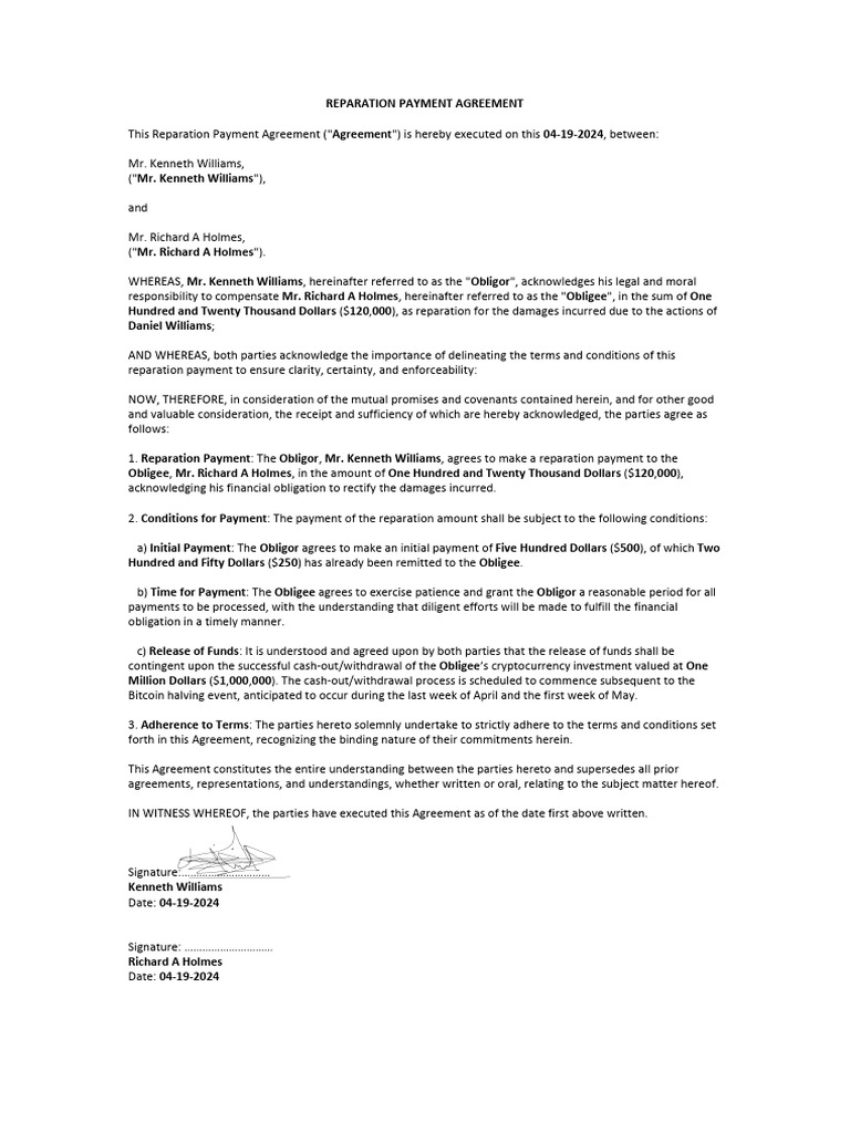 Reparation Payment Agreement | PDF | Common Law | Private Law