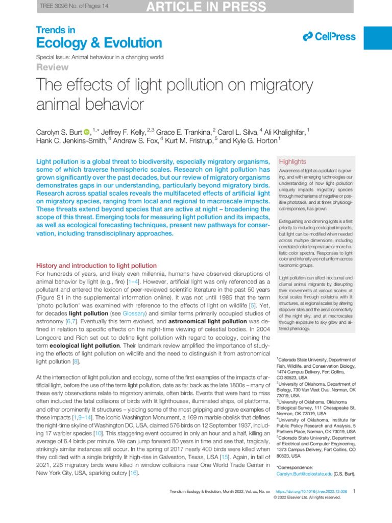 The Effects of Light Pollution On Migratory Animal Behavior | PDF ...