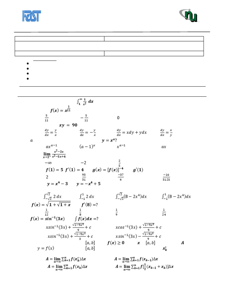 Calculus Exam for FAST Students | PDF | Mathematical Analysis | Mathematics