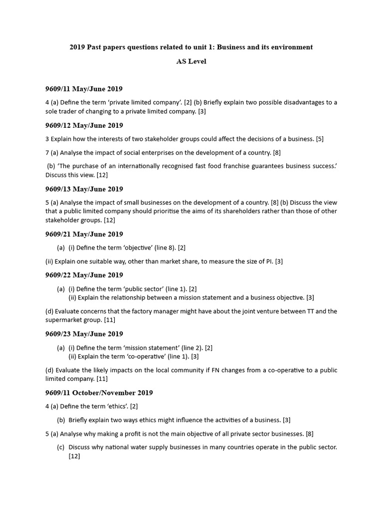 2019 Past Papers Questions Related To Unit 1 | PDF | Cooperative ...